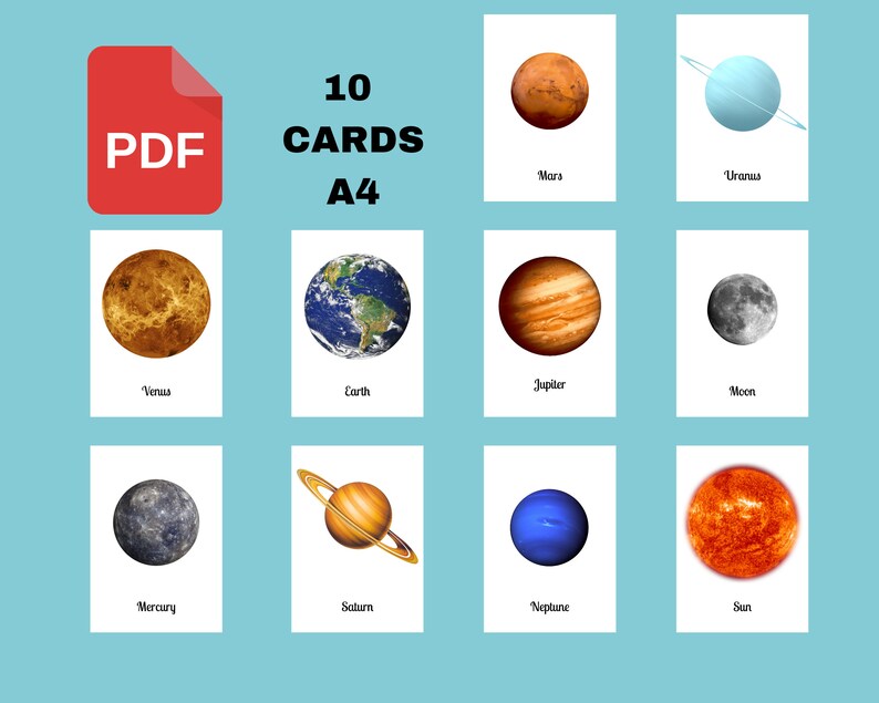 Solar System Printable Cards: Space Education, Preschool Materials (PDF ...