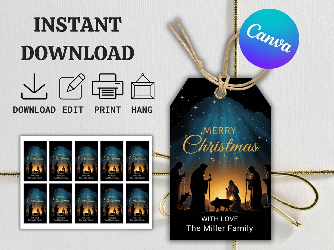 Nativity Scene Christmas Gift Tags, Editable Canva Template (2x3.5 Inch ...