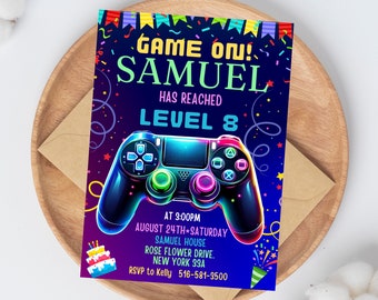 Video Game Birthday Invitation, Neon Glow Boy Gamer Party Invite Level ...
