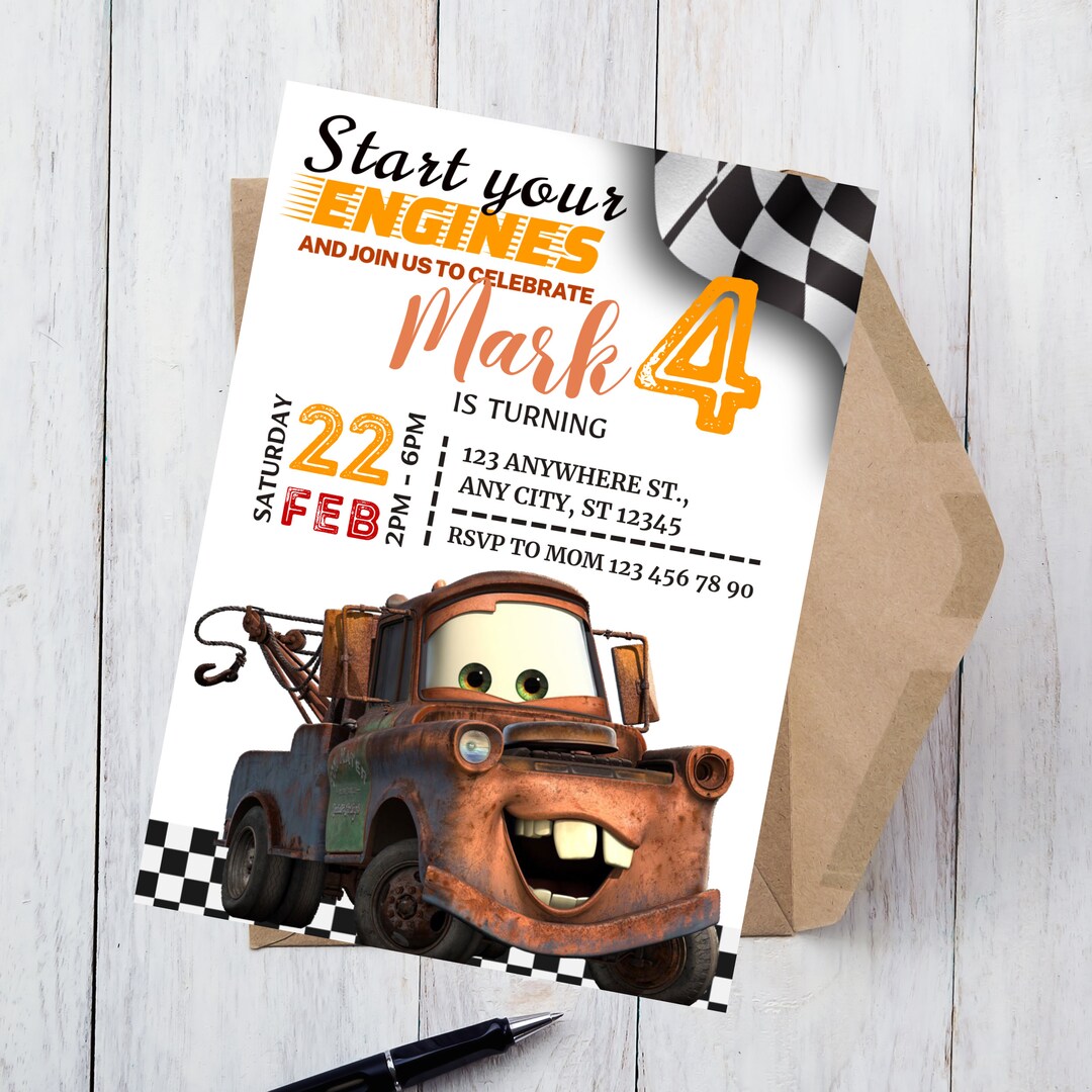 Tow Mater Birthday Invitation Cars Party Boy Birthday Invite - Etsy