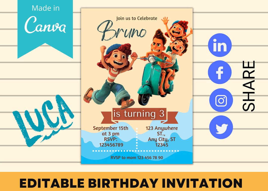 Pretty Luca Birthday Invitation, Digital Party Invite, Canva Template ...