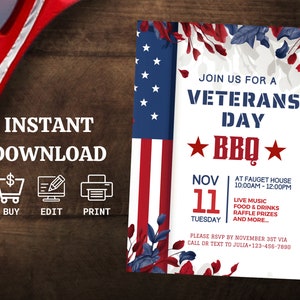 EDITABLE Veterans Day Invitation Vet Cookout Celebration Dinner Party ...
