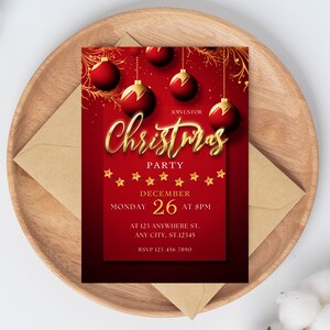 Elegant Red and Gold Christmas Party Invitation, Red Christmas Party ...