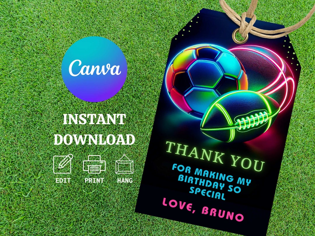 Sports Birthday Tags, Sports Thank You Tags, Editable Sports Tag ...