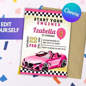 Editable Pink Racing Car Birthday Invitation Canva Template, Girl Auto ...