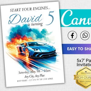 Blue Race Car Birthday Invitation: Editable Sports Car Party (digital ...