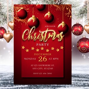 Elegant Red and Gold Christmas Party Invitation, Red Christmas Party ...
