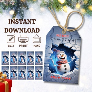 Christmas Snowman Tags Printable Gift Tag, Holiday Tag, Printable ...