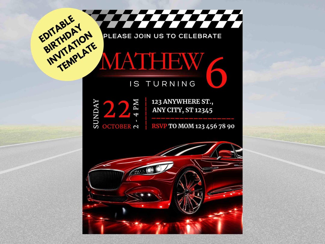 Editable Red Car Birthday Invitation Template, Race Car Party, Need for ...