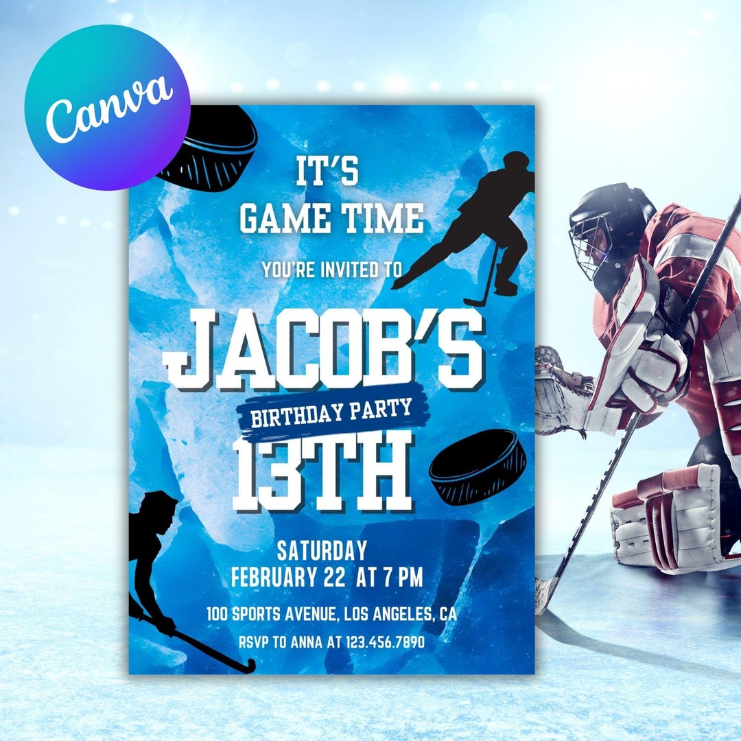 Hockey Birthday Invitation 5x7 Inch Canva Template | Digital Invite ...