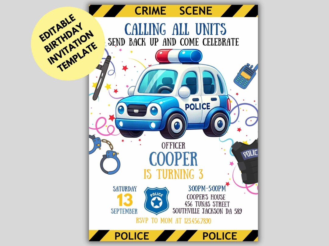 Editable Police Birthday Invitations, Policeman Invitations, Police ...