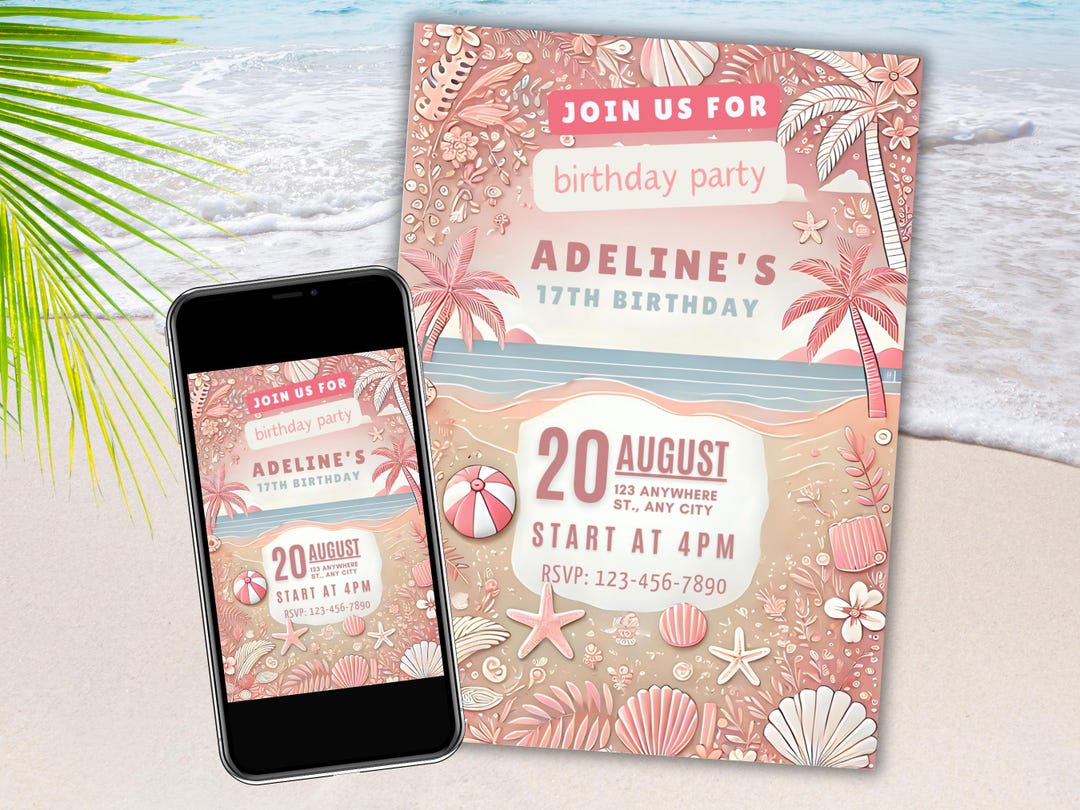 Sea Shell Invitation, Beach Party Birthday Invite, Digital Download ...