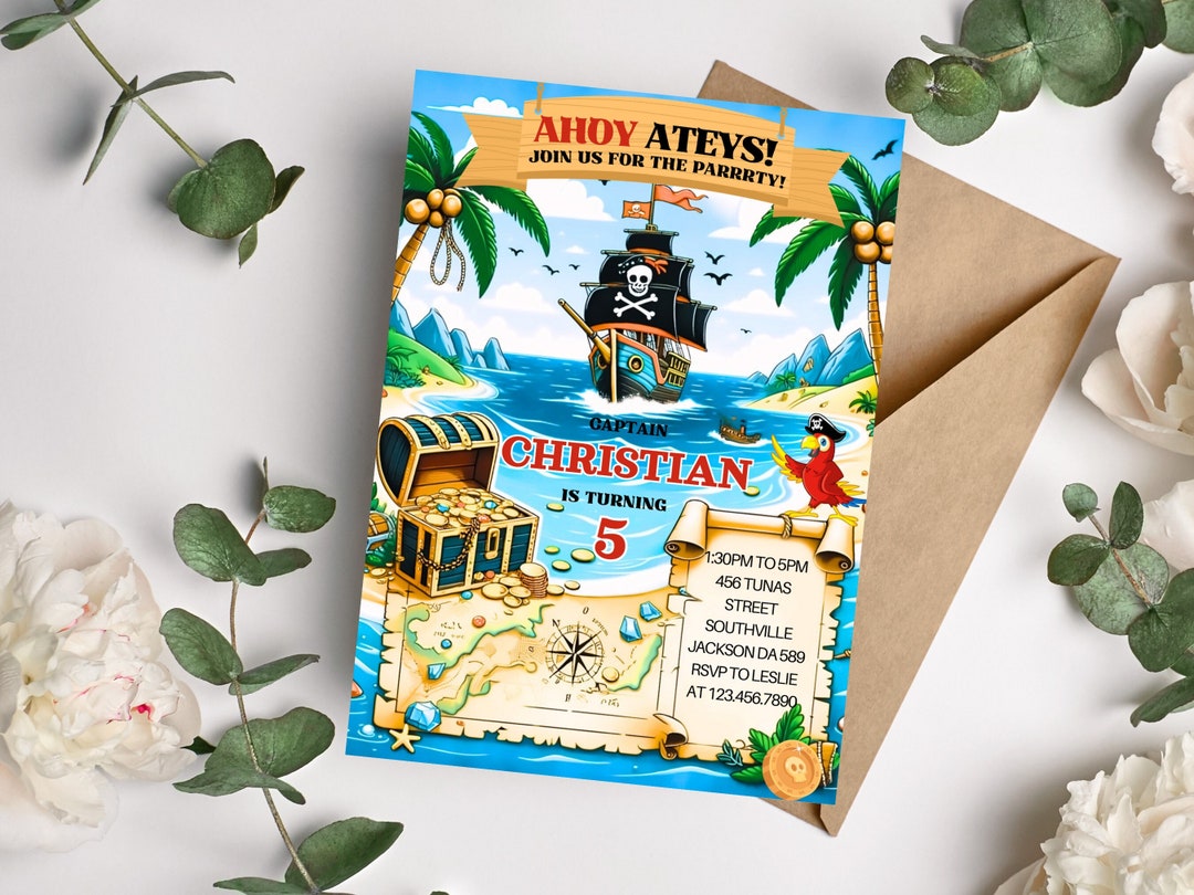 Pirate Birthday Invitation, Treasure Map Invitation, Editable Pirate ...