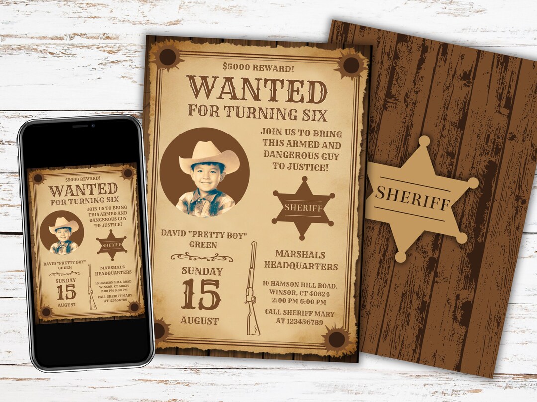 Wanted Birthday Invitation With Photo, Cowboy Birthday Invitation ...