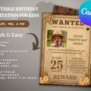 Editable Wanted Birthday Invitation, Country Western Invitation, Cowboy ...