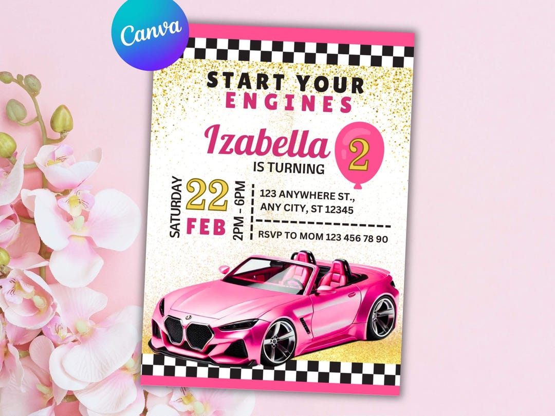 Editable Pink Racing Car Birthday Invitation Canva Template, Girl Auto ...
