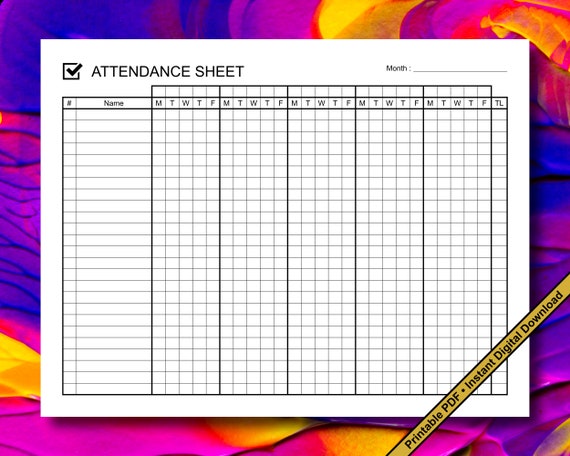 Attendance Sheet Printable Pdf Instant Digital Download Etsy