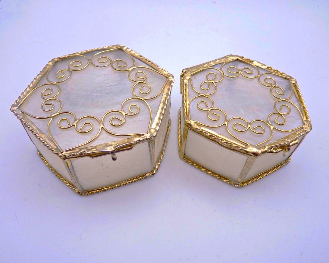 Set of Two Capiz Shell Trinket Boxes, Brass Heart Trim, Vintage 1970s ...