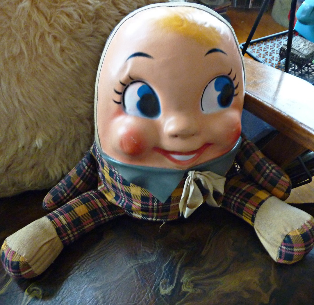 Vintage 1950s Humpty Dumpty Doll Celluloid Face 12” Plush Yellow Pink ...