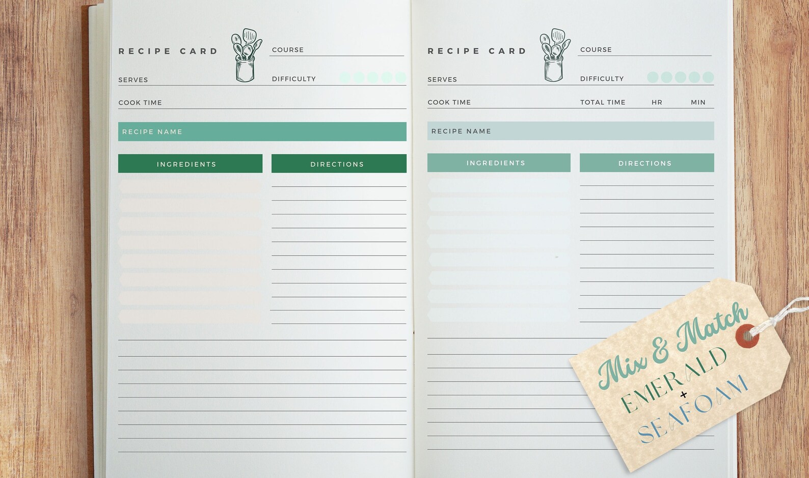 Printable Cookbook Recipe Pages, Seafoam Surf Blue Green Recipe Binder ...
