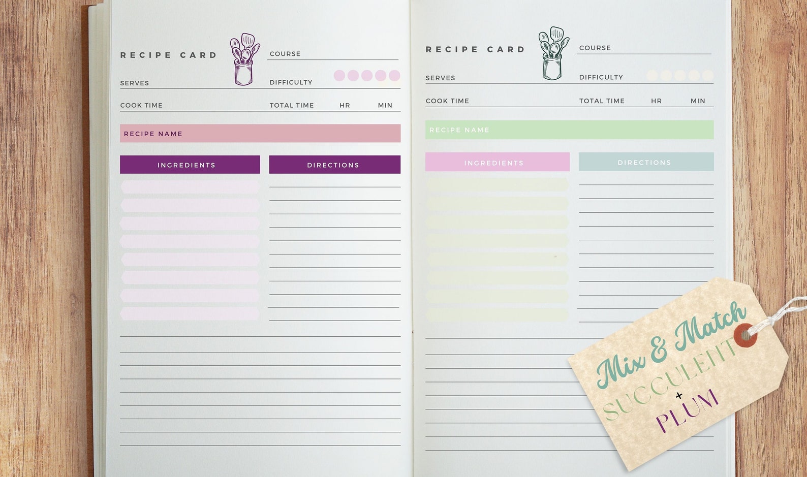 Printable Cookbook Recipe Pages, Sweet Succulent Green Recipe Binder ...