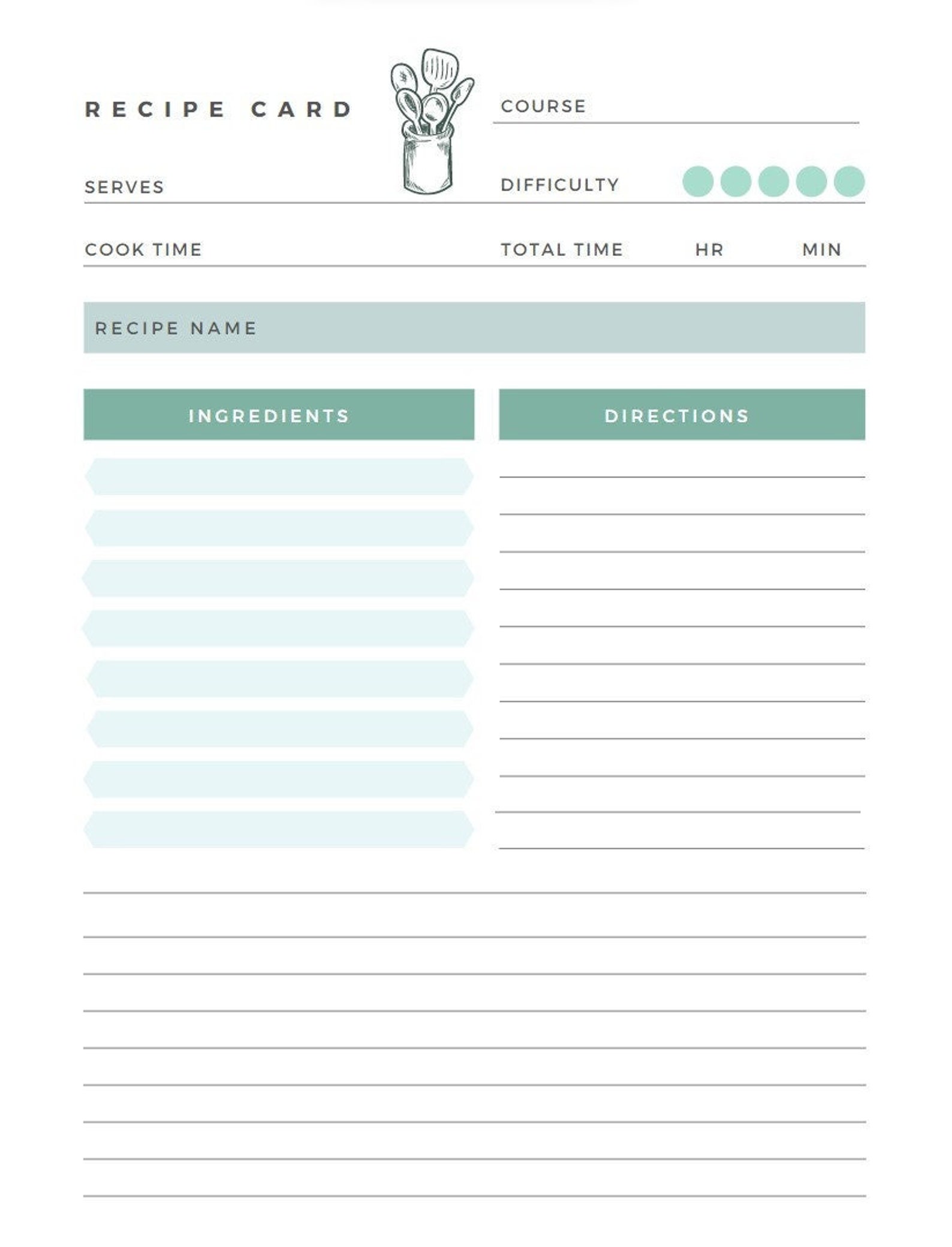 Printable Cookbook Recipe Pages, Seafoam Surf Blue Green Recipe Binder ...