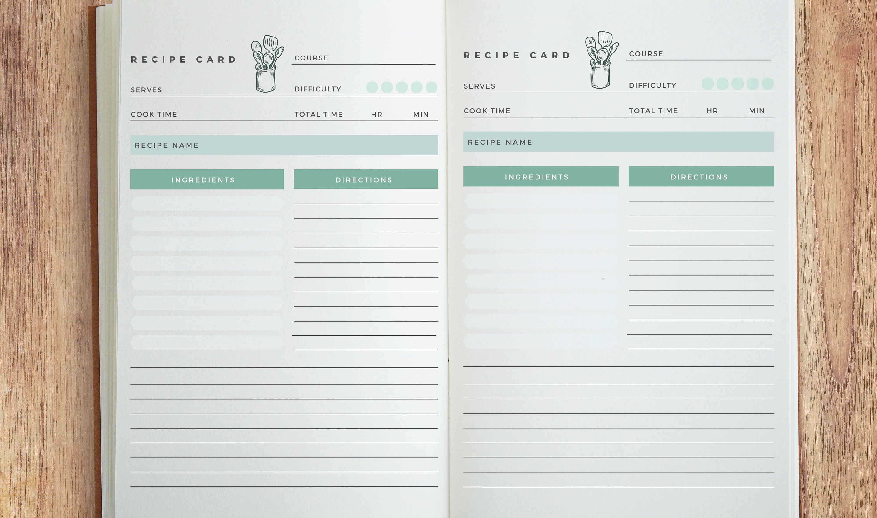 Printable Cookbook Recipe Pages, Seafoam Surf Blue Green Recipe Binder ...