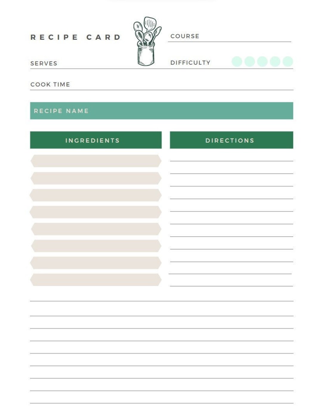 Printable Cookbook Recipe Pages, Ephemeral Emerald Green Recipe Binder ...