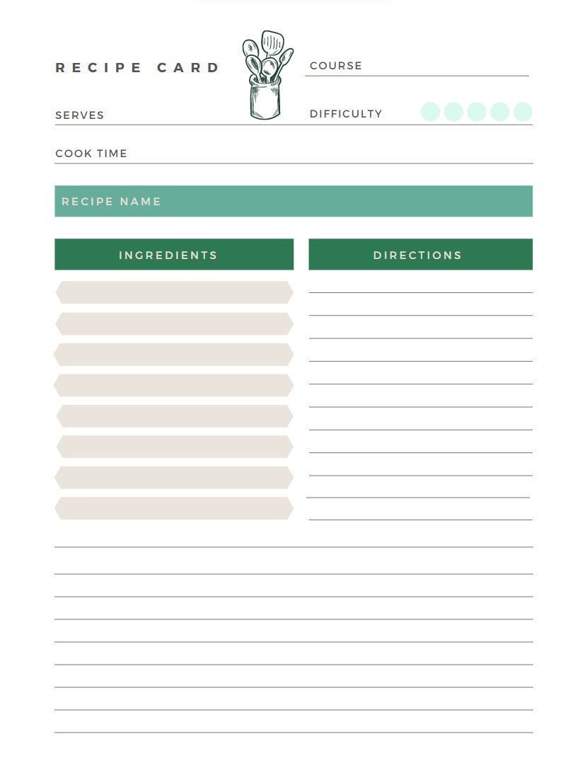 Printable Cookbook Recipe Pages, Ephemeral Emerald Green Recipe Binder ...