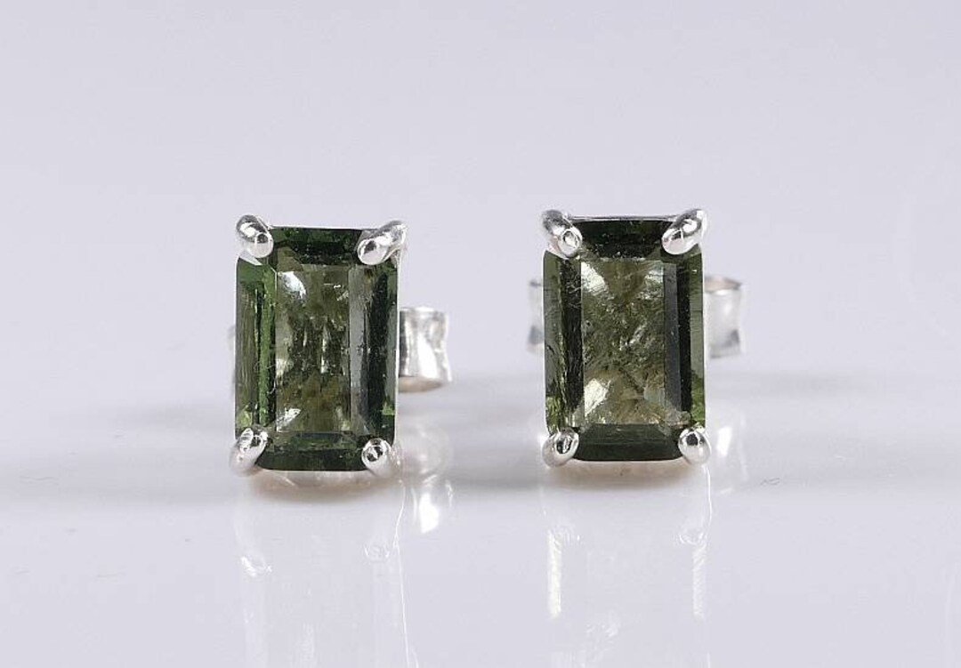 Faceted Moldavite 6x4 Mm Baguette Cut Sterling Silver Stud Earrings Coa ...