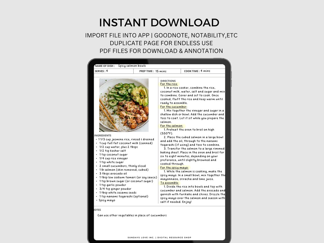 Digital Recipe Book for Goodnotes, Notability, Digital iPad Recipe ...