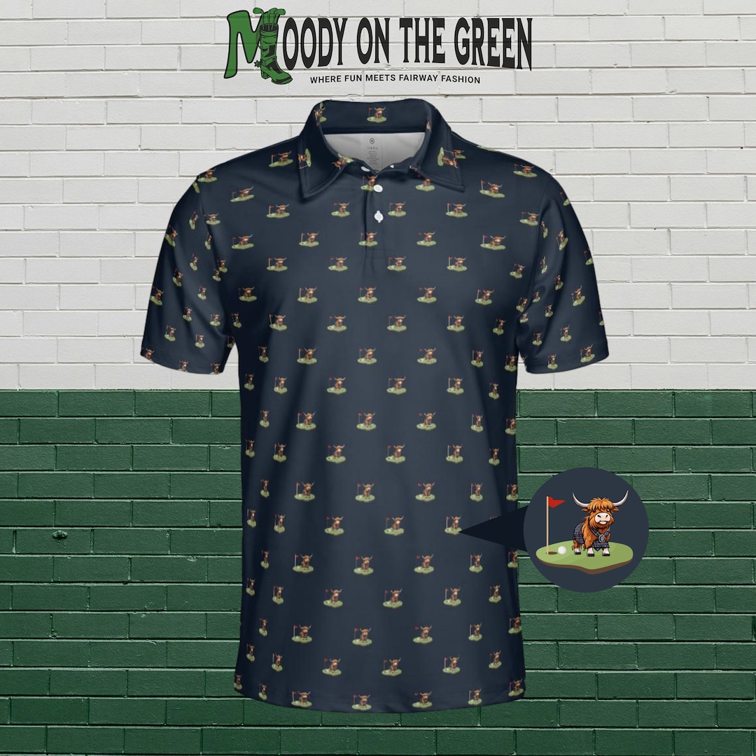 Highland Cow Golf Polo for Men, Funny Preppy Scottish Cow Collared ...