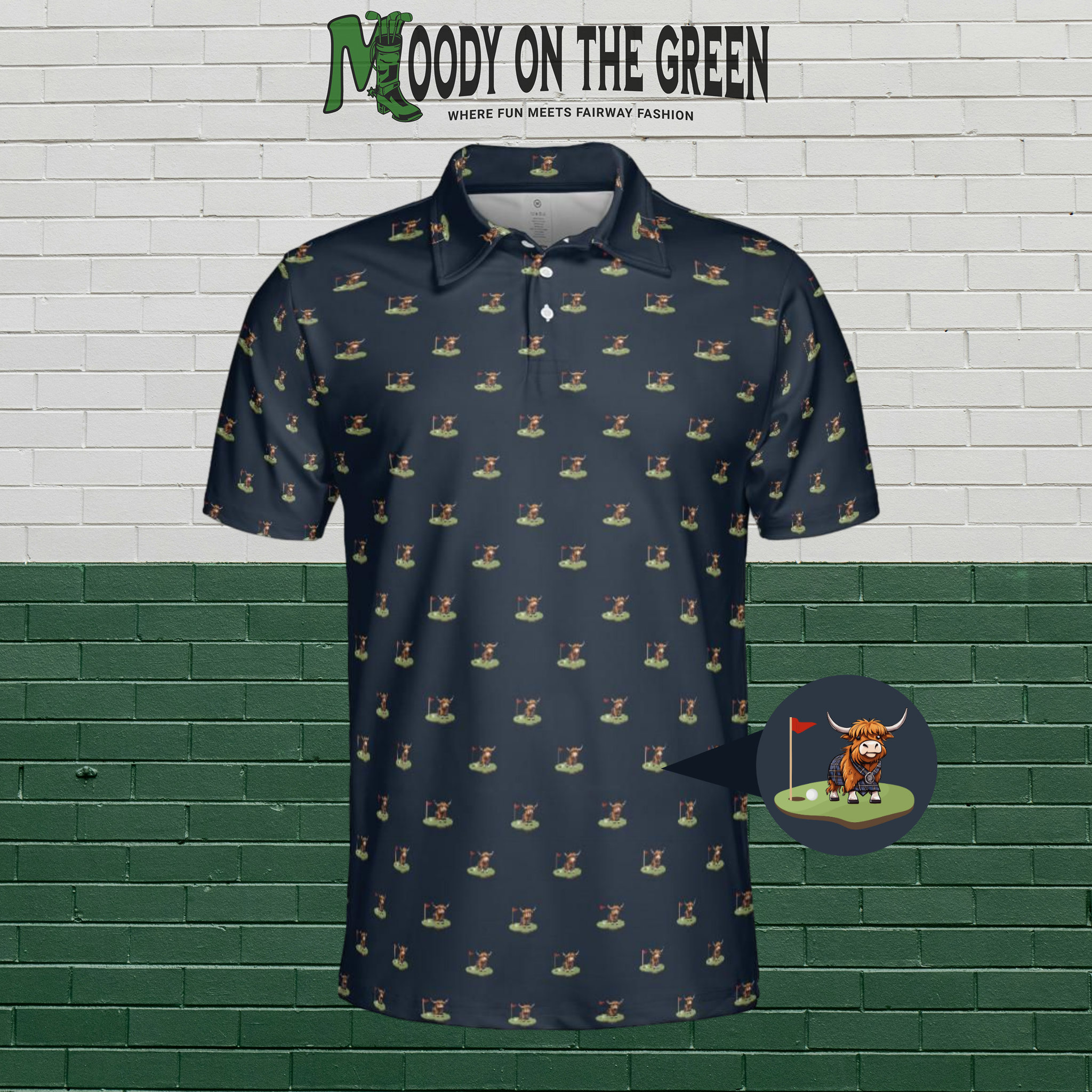 Highland Cow Golf Polo for Men, Funny Preppy Scottish Cow Collared ...