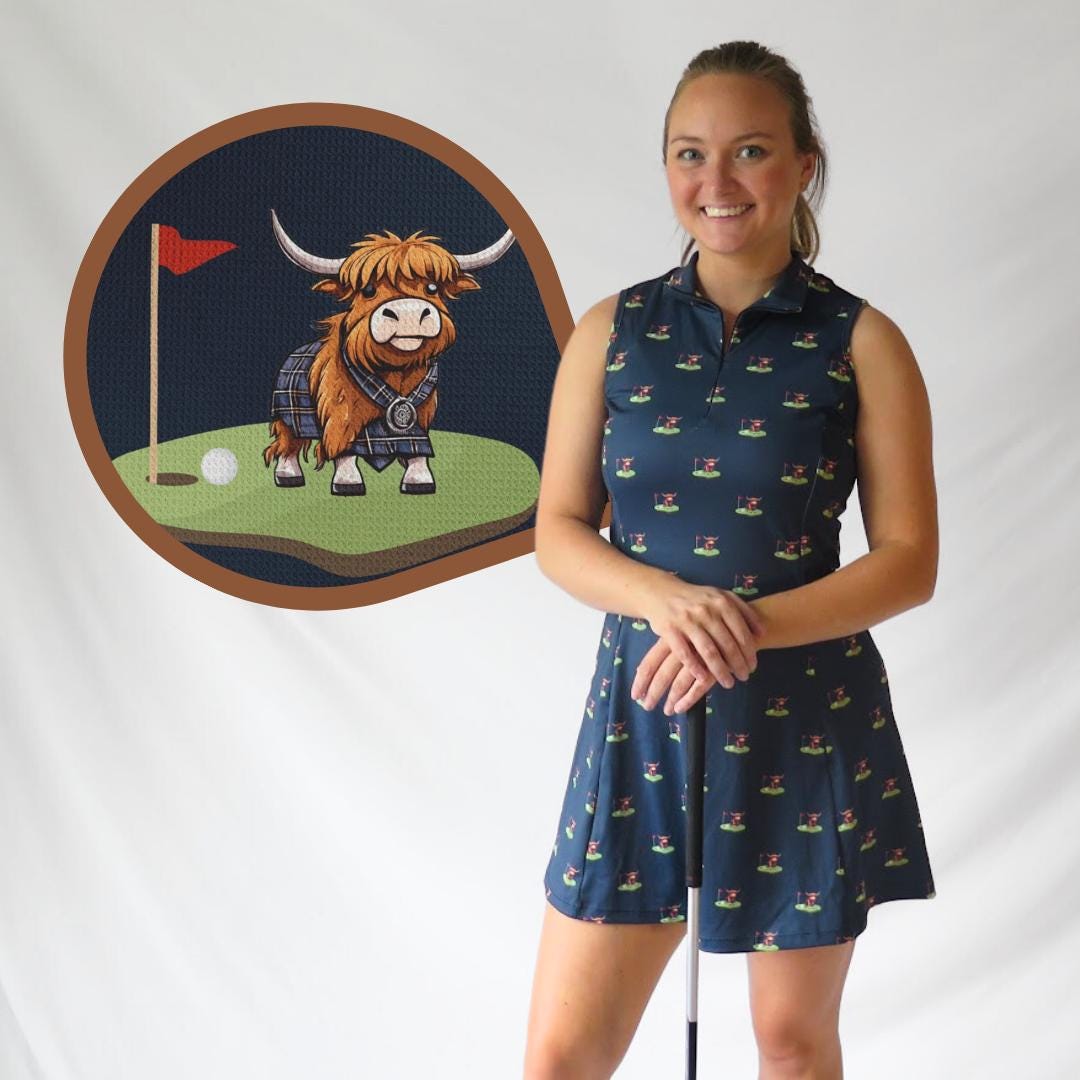 Highland Cow Scottish Kilt Printed Ladies Collared Golf Dress Golf Gift ...