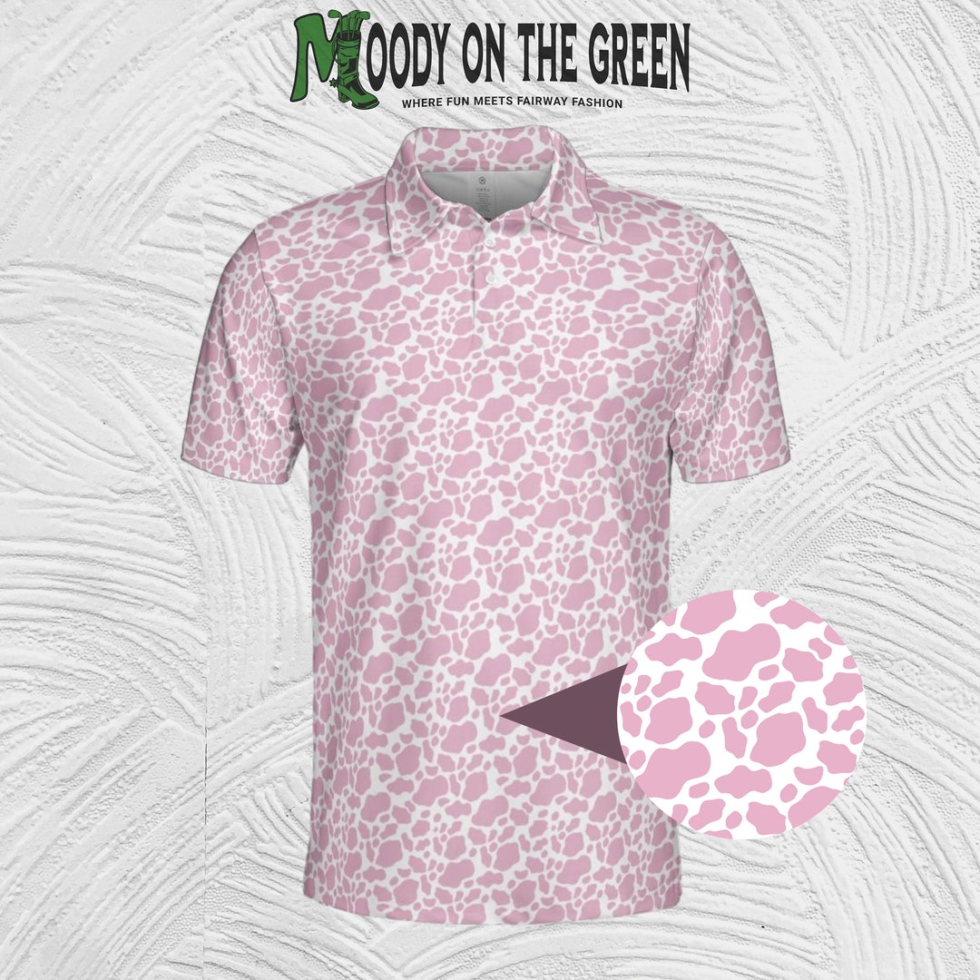 Golf Polo for for Men, Pink and White Yeehaw Cow Print Collared Shirt ...