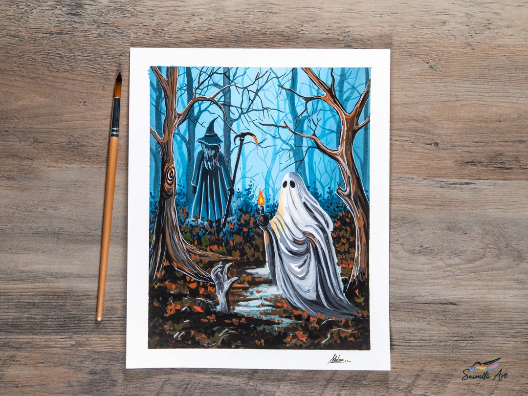 Spooky Ghost and Witch Gouache Painting - Halloween Artwork - Haunting ...