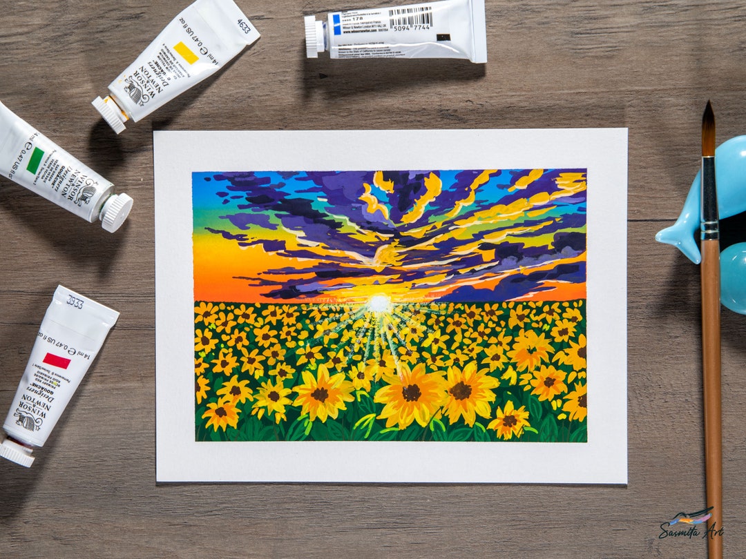 Sunflower Field - Original Gouache Painting - Flower Print / Landscape ...