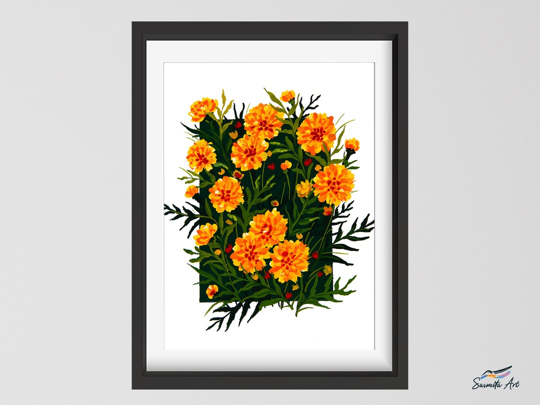 Marigold Flower Art Print - Original Botanical Gouache Painting, Floral ...