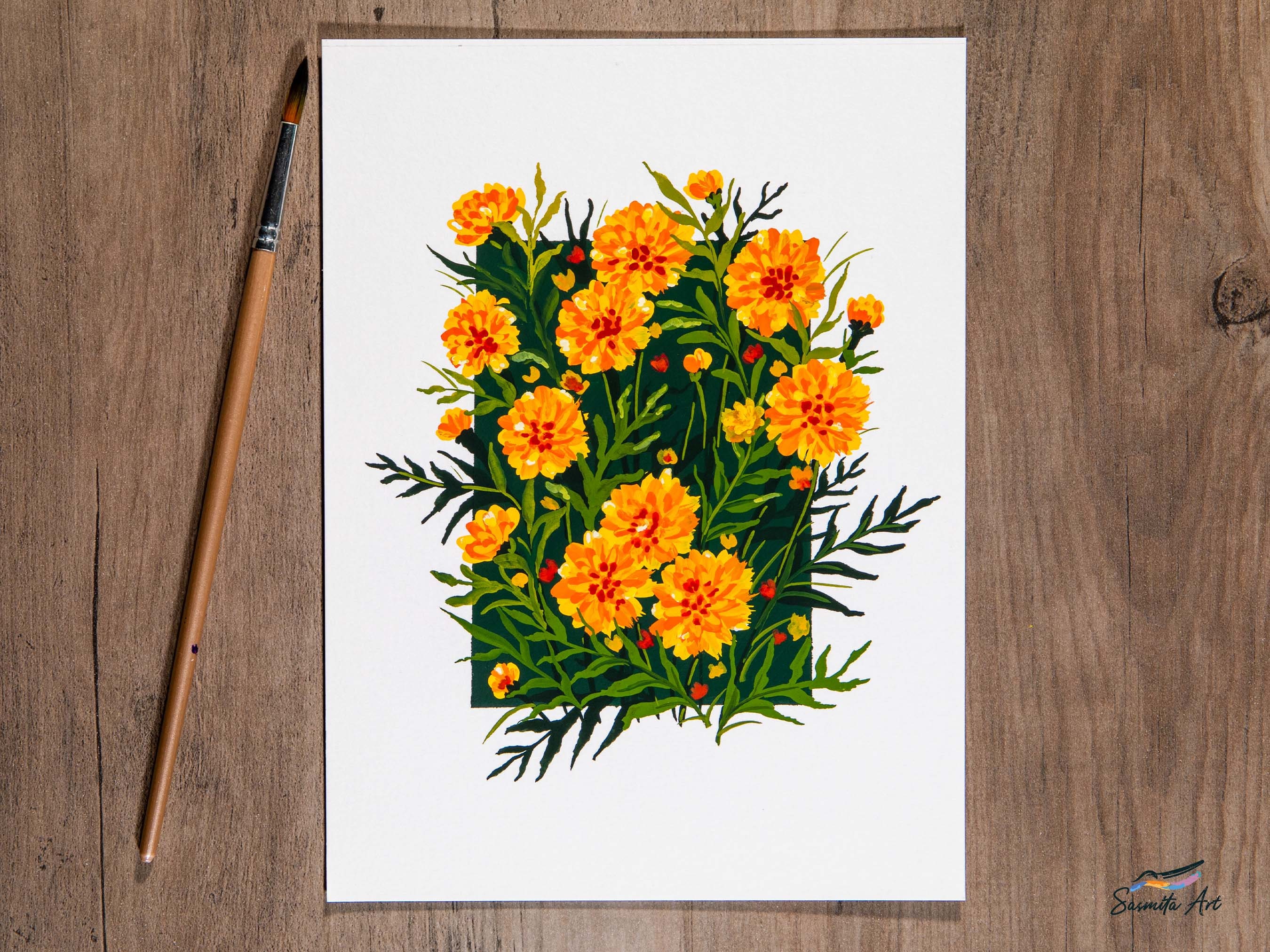 Marigold Flower Art Print - Original Botanical Gouache Painting, Floral ...