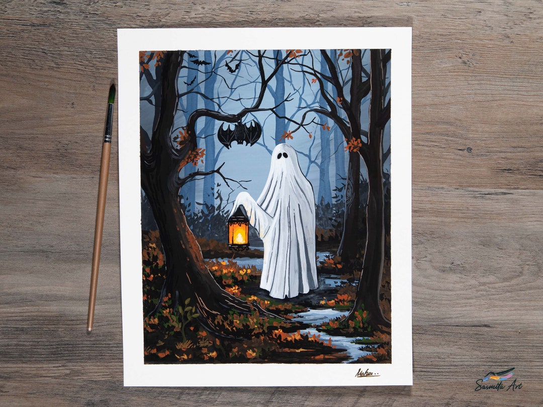 Spooky Ghost Gouache Painting - Mysterious Forest Artwork With Vibrant ...