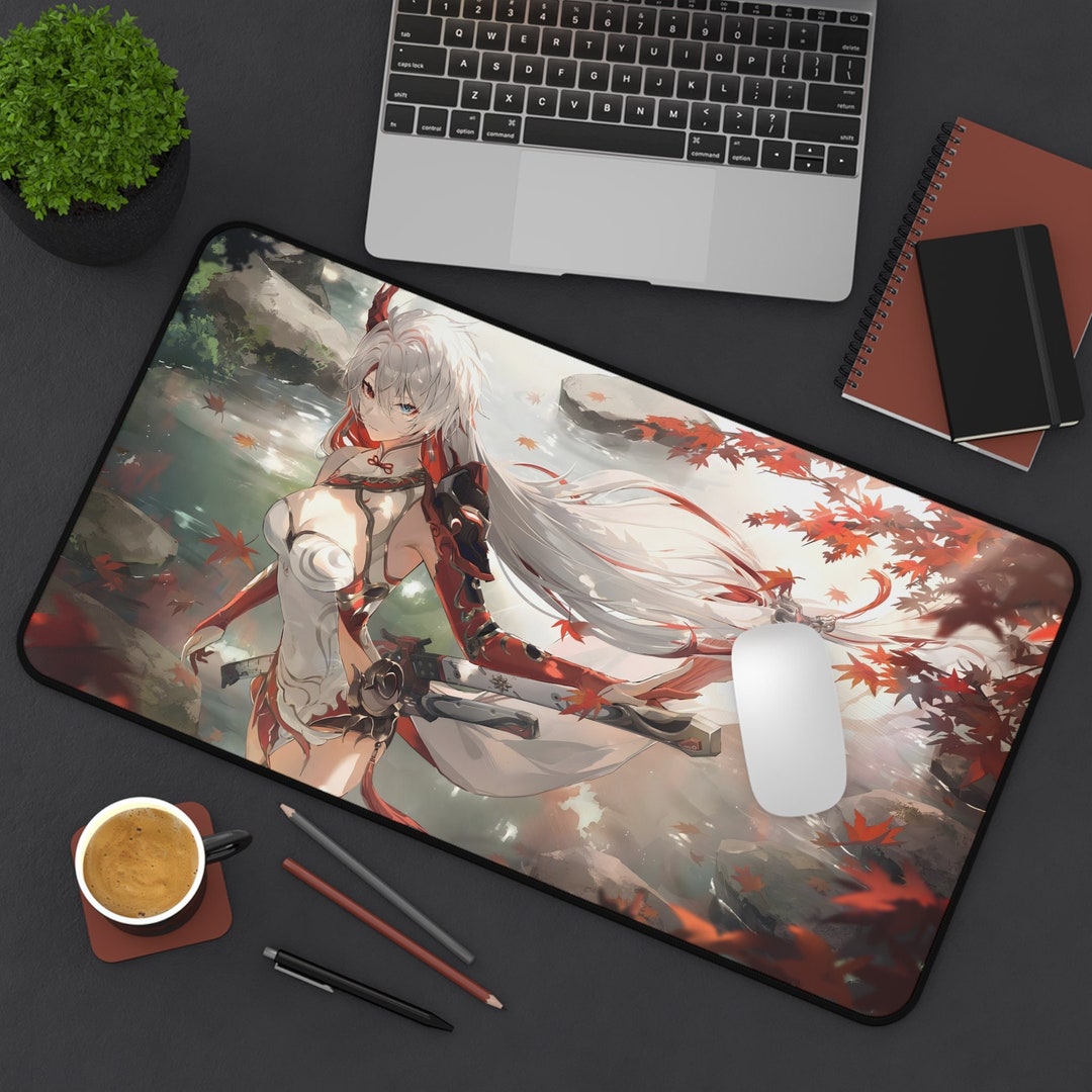 Red Leaves Gray Raven Desk Mat, Gaming Mouse Pad, Gray Raven Mouse Pad ...