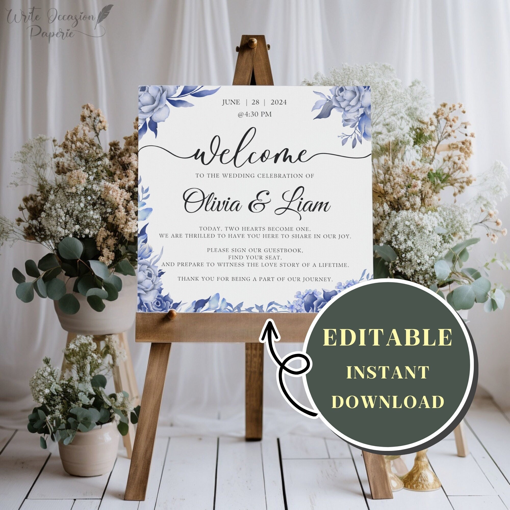 Dusty Blue Wedding Welcome Sign, Floral Instant Download Printable ...