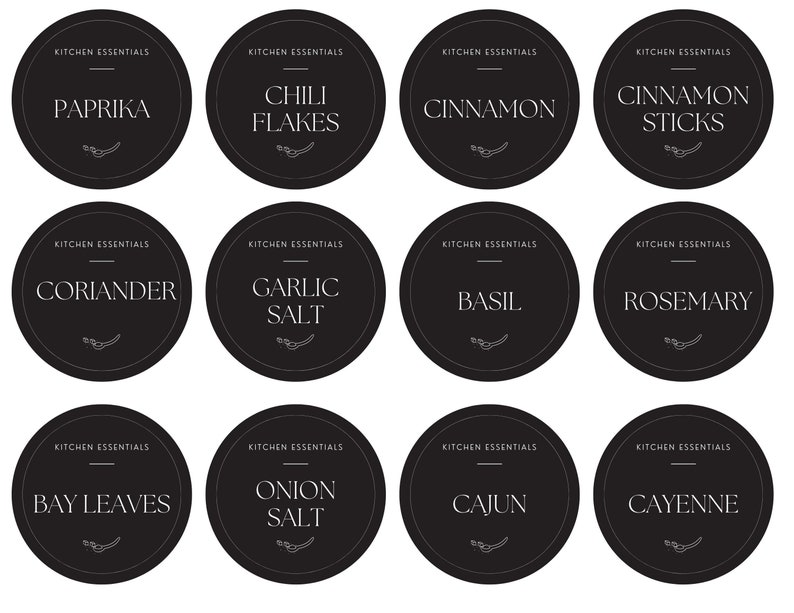 Minimalist Black Spice Labels, Circular Spice Labels, 36 Spice Labels ...