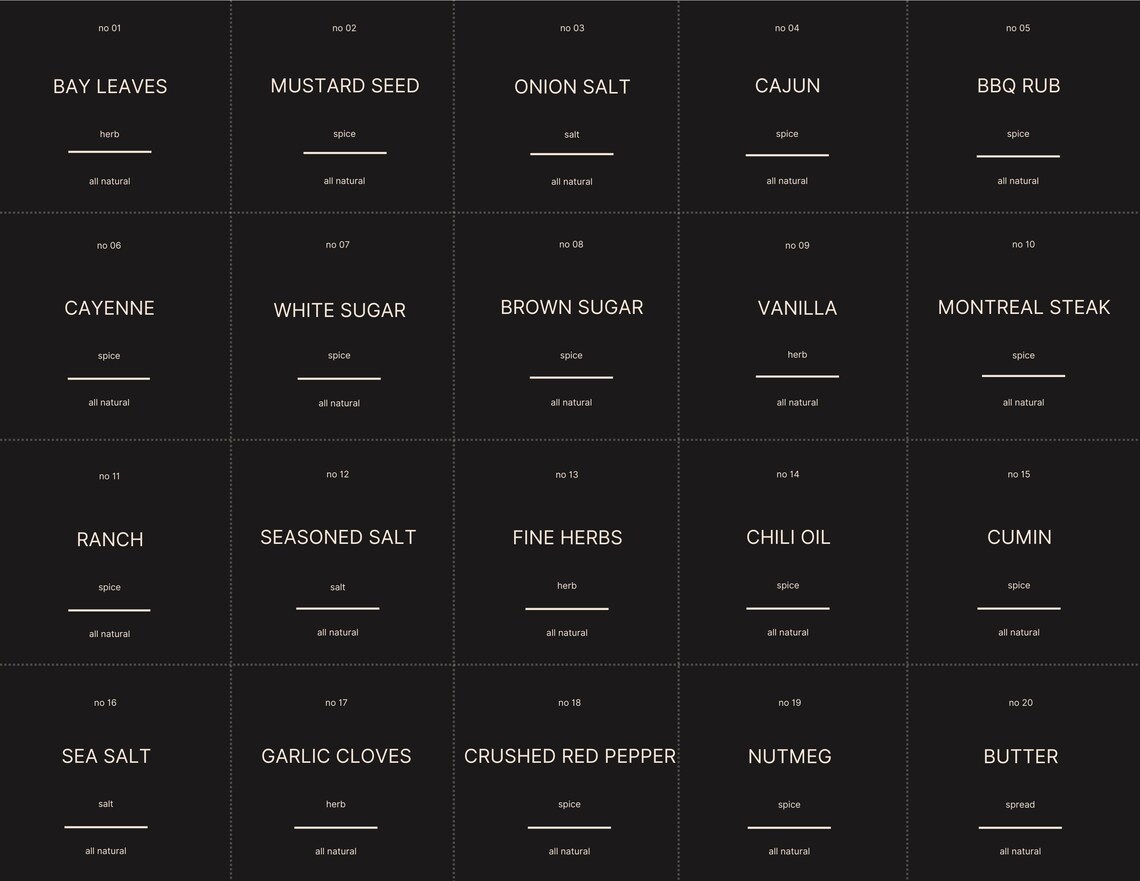 Black Modern Minimalist Spice Labels, Printable Spice Labels, Instant ...