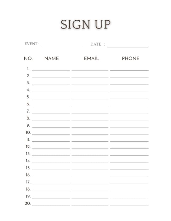 Digital Sign in Sheet Signup Sheet Login Sheet Printable | Etsy