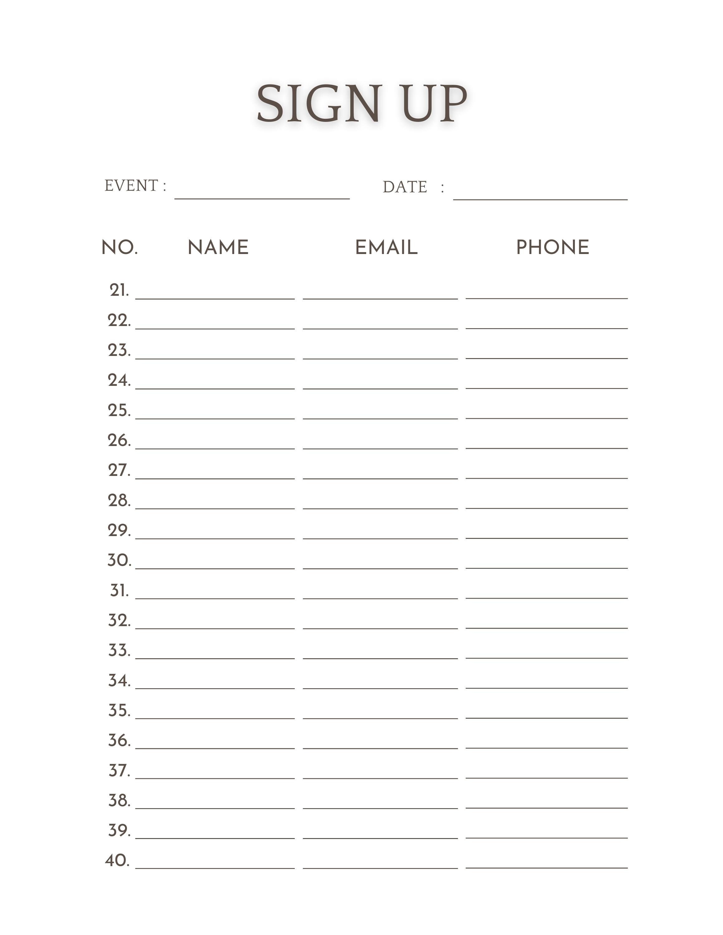 Digital Sign in Sheet, Signup Sheet, Login Sheet, Printable Sign in ...