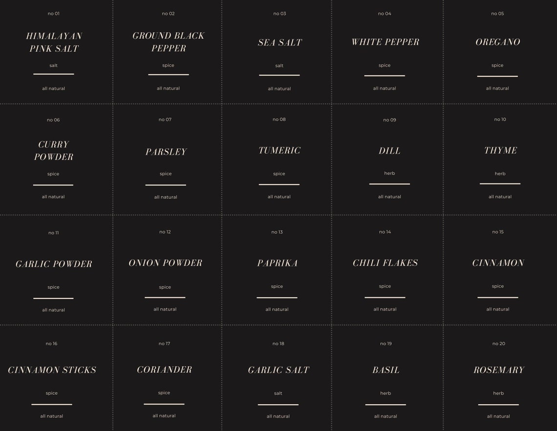 Black Modern Minimalist Spice Labels, Printable Spice Labels, Instant ...