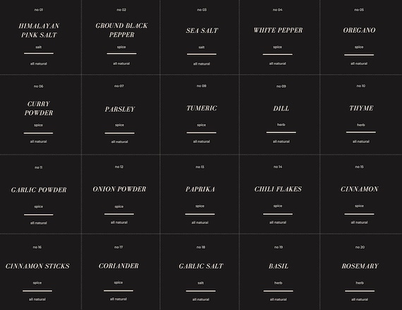 Black Modern Minimalist Spice Labels Printable Spice Labels | Etsy