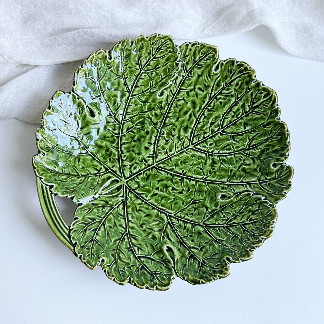 Vintage Green Leaf Platter, Czechoslovakia Majolica Plate, Green ...