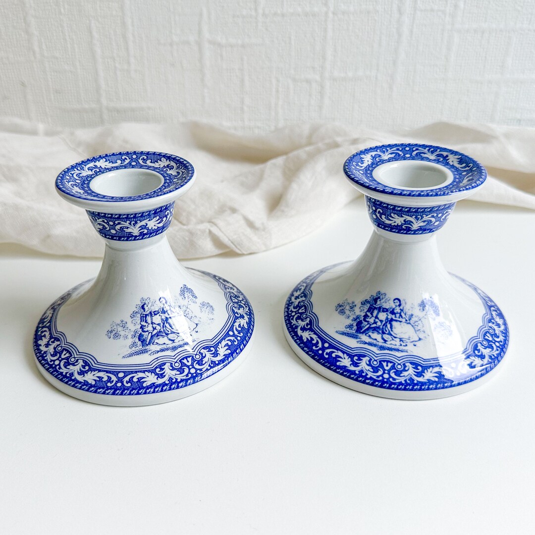 Pair of Spode blue Room Candle Holders, Blue and White Candlesticks ...